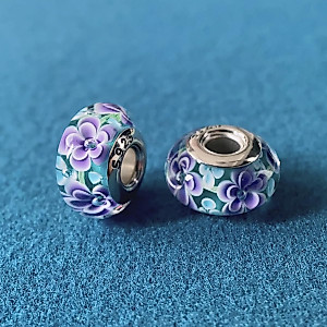 TIFVGEV 2pcs Murano Glass Charms for Pandora Bracelets Authentic 925 Sterling Silver Charms for Bracelets Lavender Flower Beads Charms for Women