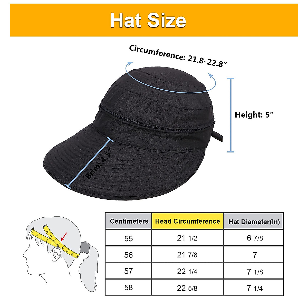 Verabella Womens Beach Hat Summer 𝗟𝗶𝗴𝗵𝘁𝘄𝗲𝗶𝗴𝗵𝘁 𝗦𝘂𝗻 𝗵𝗮𝘁 for Hiking Sun Protection 2 in 1 Visor Sun Protection Hat (Black)