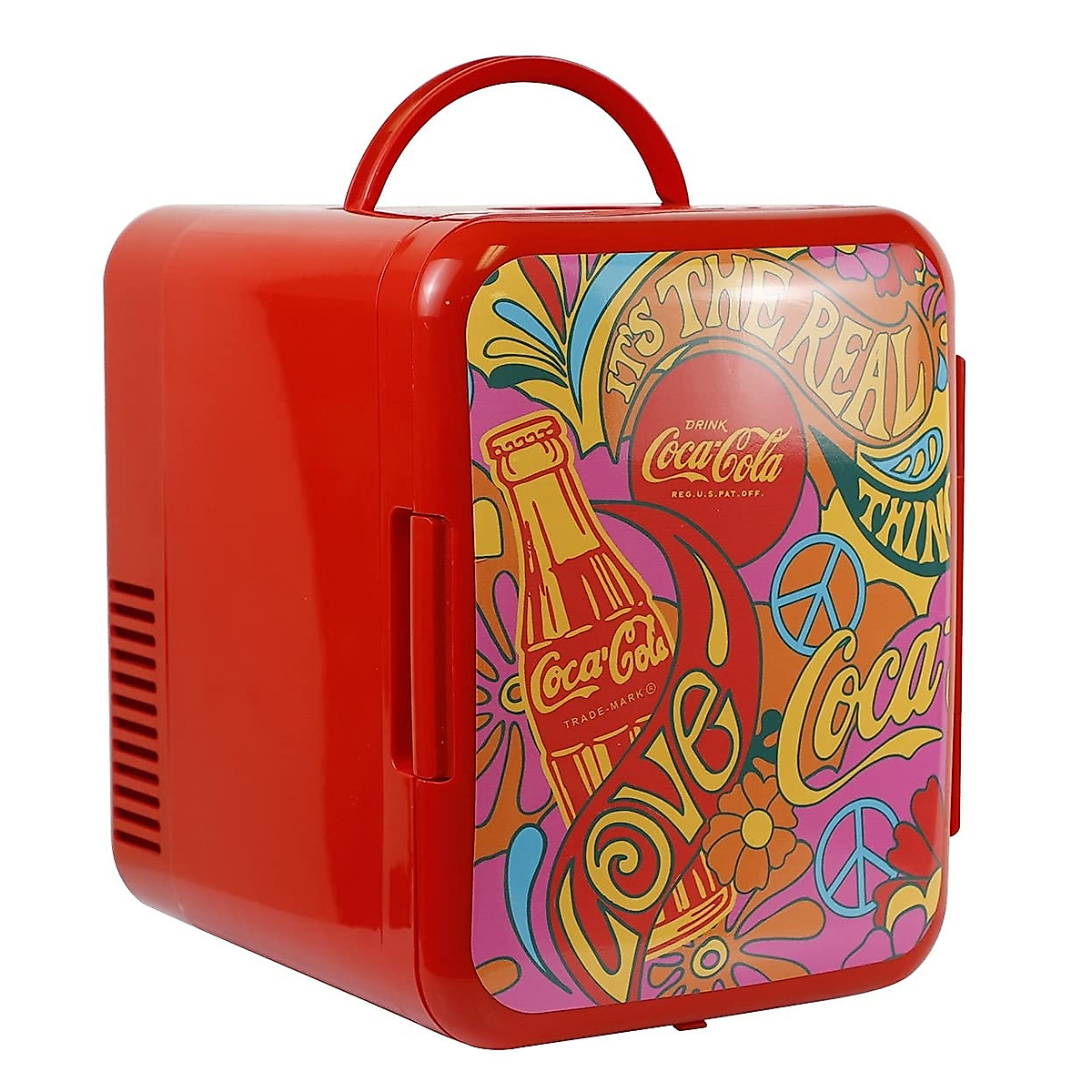 Coca-Cola Peace 1971 Series Portable 6 Can Thermoelectric Mini Fridge Cooler/Warmer, 4 L/4.2 Quarts Capacity, 12V DC/110V AC for home, dorm, car, beverages, skincare, cosmetics, medication