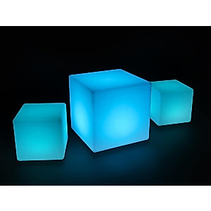 Displays2go Illuminated LED Pub Table Set w/ 2 Cube Stools, 16 Color Options - White (FDLEDSET2)
