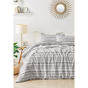 Sweet JoJo Designs Boho Black and Grey Cotton Woven Jacquard Modern Duvet Comforter Cover and Sham 3 pc. Full Queen Size Bed Bedding Set Farmhouse Patterned Ivory Bohemian Geometric Textured Neutral