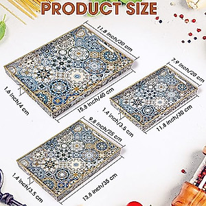 Dandat 4 Pcs Serving Tray with Handle Boho Coffee Table Tray Blue Plastic Ottoman Decorative Trays for Home Coffee Table Halloween Christmas Living Room Kitchen Bathroom, 3 Sizes