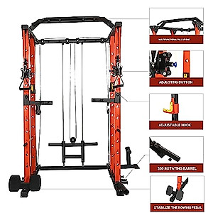 HAUSHECK Squat Rαck with Pull Up Bar, LAT Pulldown, Weight Cαge, Cable Crossover, J-Hooks, Dip Handles, 1400lbs Power Cage with Training Attachment, Multi-Functional Powēr Racks for Home Gym, Orange A