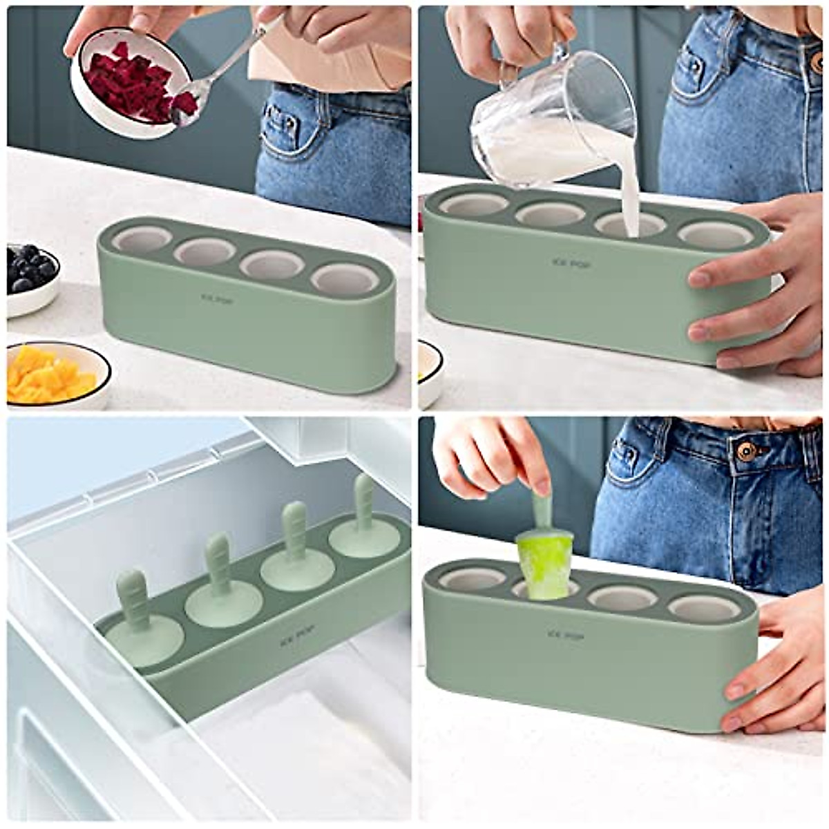 WWW Homemade Popsicle Molds with 4 Cartoon Shape Cavities, Food Grade Silicone Popsicle Maker with Sticks, Easy Release & Clean BPA Free Popsicle Molds for Kids, Reusable Ice Pop Molds, Green