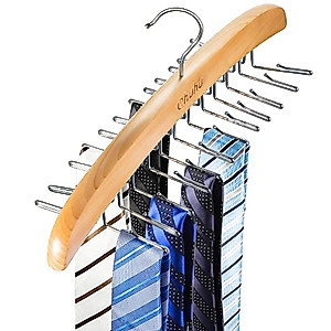 Ohuhu Tie Rack Hanger for Closet, Wooden Tie Holder Organizer Necktie Storage with 24 Folding Hooks, 360 Degree Rotating Tie Rack for Men Ties Belts Scarves Tank Tops Accessories, 1 Pack