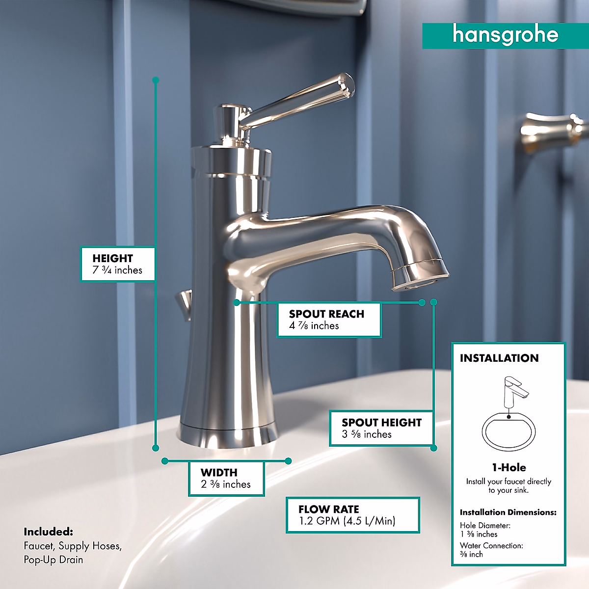 hansgrohe Joleena Transitional 1-Handle 1 8-inch Tall Bathroom Sink Faucet in Polished Nickel, 04771830