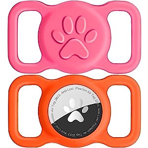 Joytale 2 Pack Airtag Dog Collar Holder, Elastic Silicone Air Tag Holder for Dogs and Cats, Light and Durable Apple Airtag Holder with Slide-On Loop(Hot Pink/Orange)
