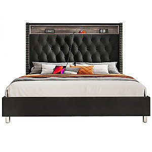 Jocisland Queen Size Bed Frame 53.6'' Tall Headboard LED Lights and Charging Station, Velvet High Upholstered Platform Bed Wingback Storage, No Box Spring Needed, No Motion Light Under Bed, Black