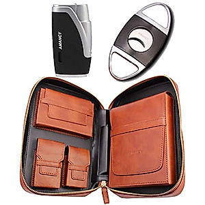 AMANCY Portable Multi-Function Brown Leather Cedar Wood Lined 5 Holder Cigar Case, Cigar Organizer Humidor with Cutter and Lighter,Great Gift for Cigar Lovers