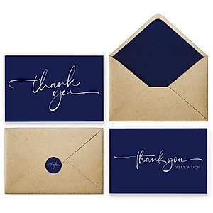 120 Classy Navy Blue Thank You Cards Bulk - Professional Looking - Thank You Greeting Notes, Blank Inside with matching Brown Kraft Envelopes & Stickers Perfect for Wedding, Business,Graduation & Much