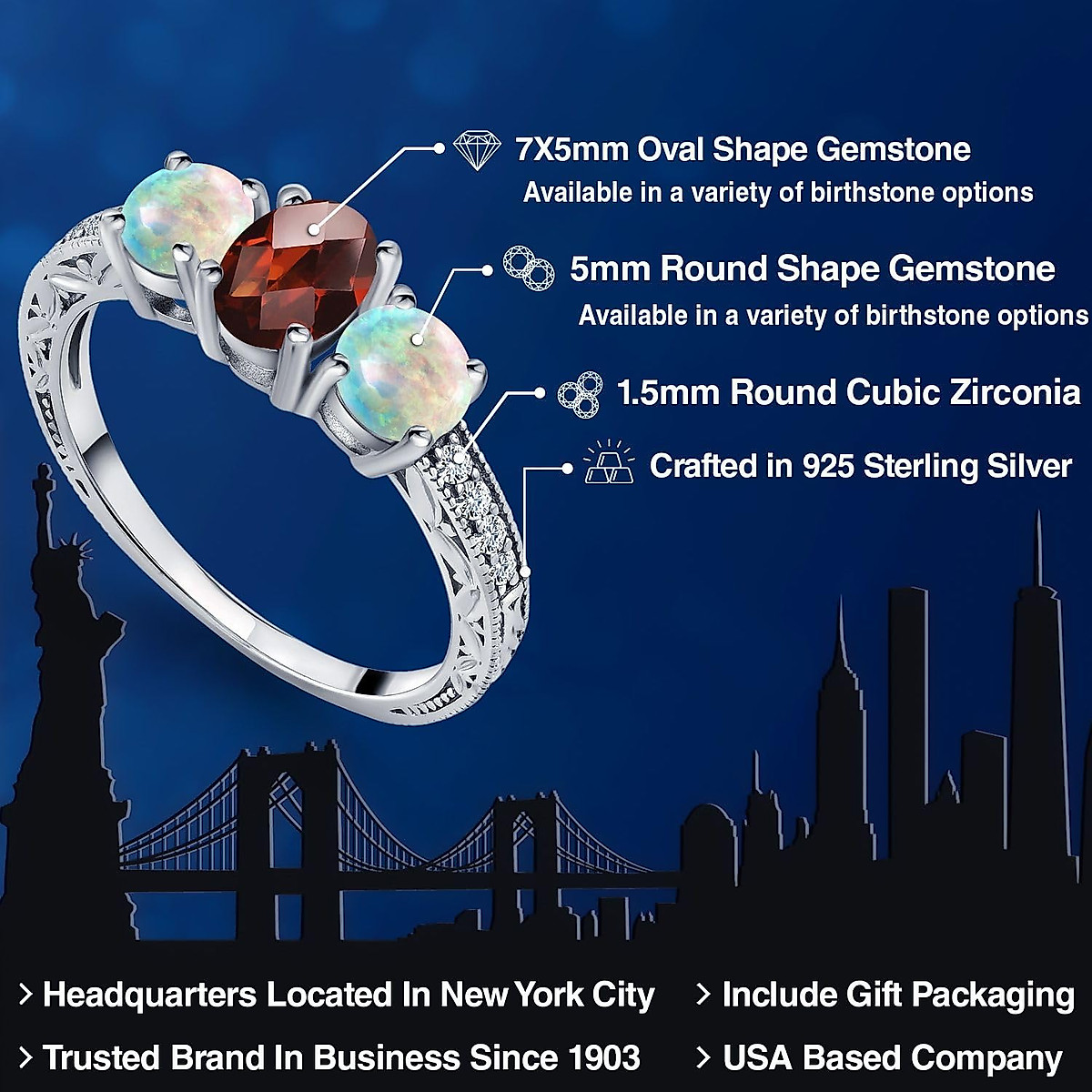 Gem Stone King 925 Sterling Silver Oval Checkerboard Red Garnet and White Simulated Opal Ring For Women (2.12 Cttw, Gemstone Birthstone, Available In Size 5, 6, 7, 8, 9)