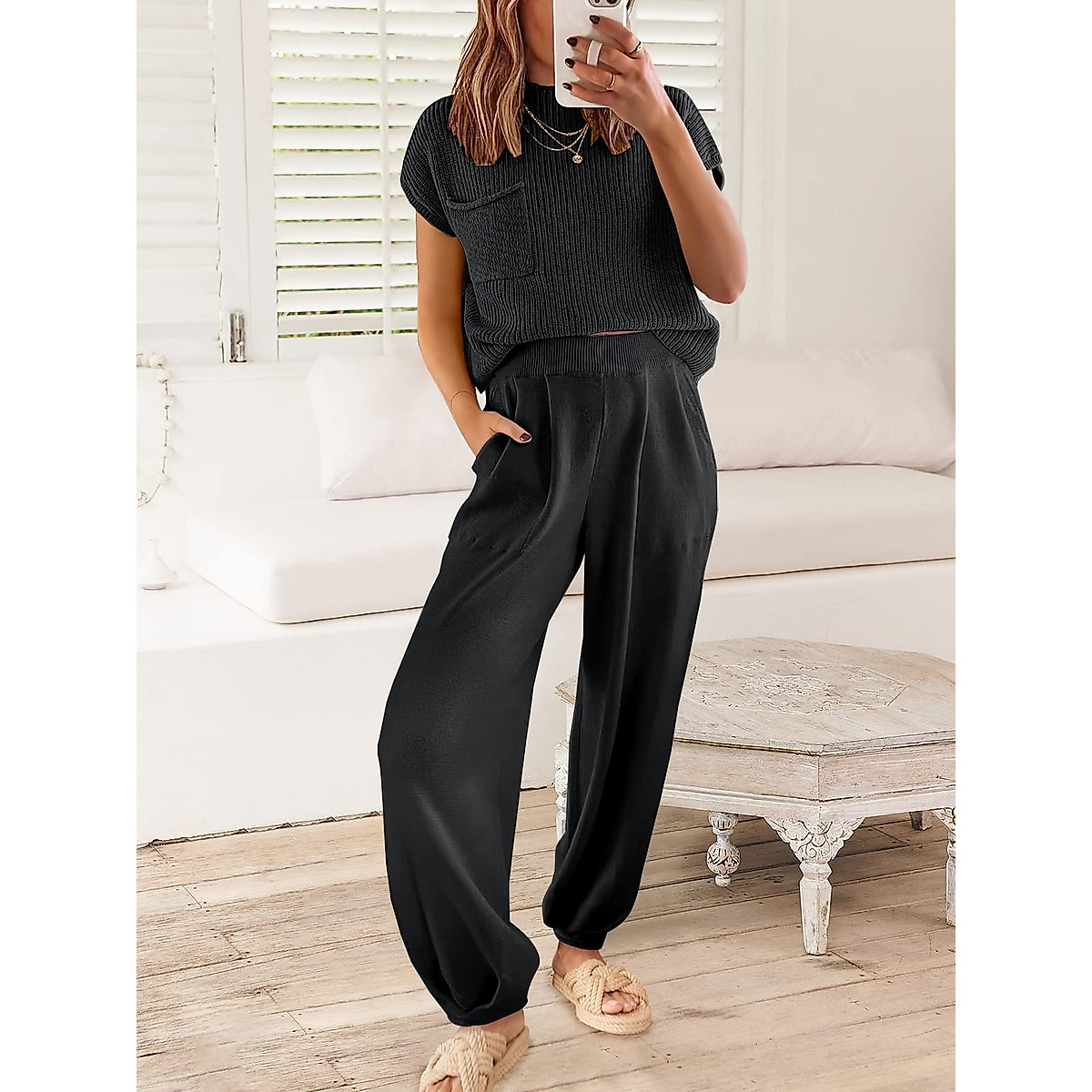 ANRABESS Women's Two Piece Outfits Knit Sweater Vest Crop Top Pants Lounge Matching Tracksuit Sweatsuit Travel Clothes Sets Black Medium