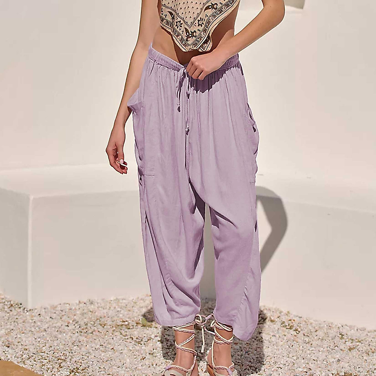 MaLinfandor Women's Oversized Loose Pants Cotton Linen Wide Leg Elastic Waist Relax Fit Bloomers Trousers with Pockets(Light Purple,XL)