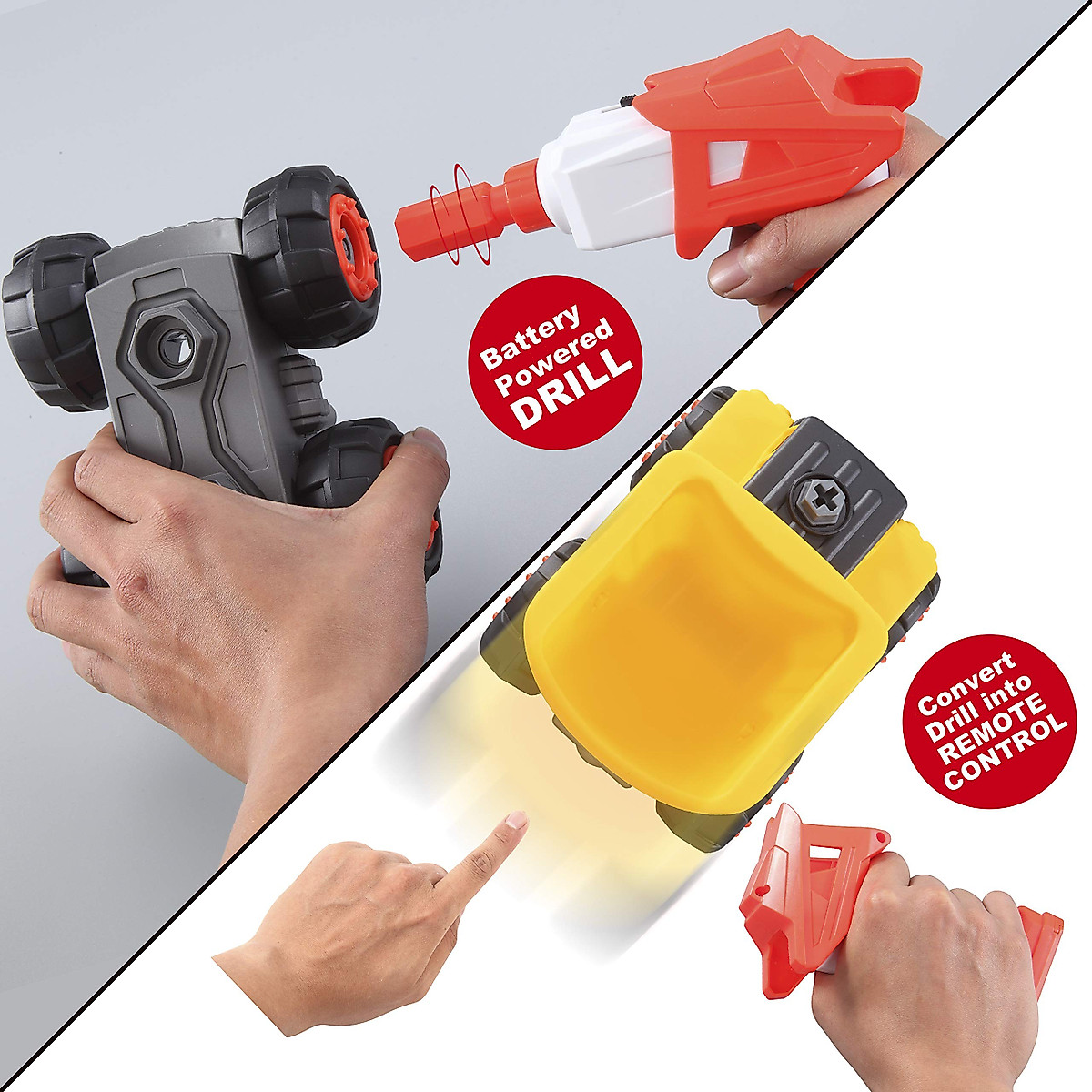 JOYIN 3 in 1 Take Apart RC Remote Control Truck Toy Combo Set and Remote Control Electric Drill, Including Fire Engine, Construction Truck, and Garbage Truck/Waste Management Recycling Truck