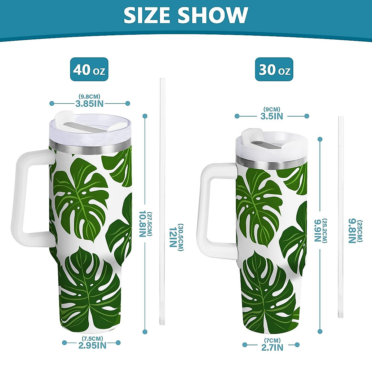 40 oz Green Monstera Leaf Insulated Tumbler with Handle, Stainless Steel Vacuum Water Bottles with Lid and Straw for Water, Iced Tea or Coffee