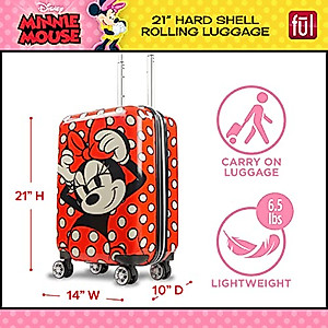 FUL Disney Minnie Mouse 21 Inch Rolling Luggage, Polka Dot Printed Hardshell Carry On Suitcase with Wheels, Red (FCFL0156-603)
