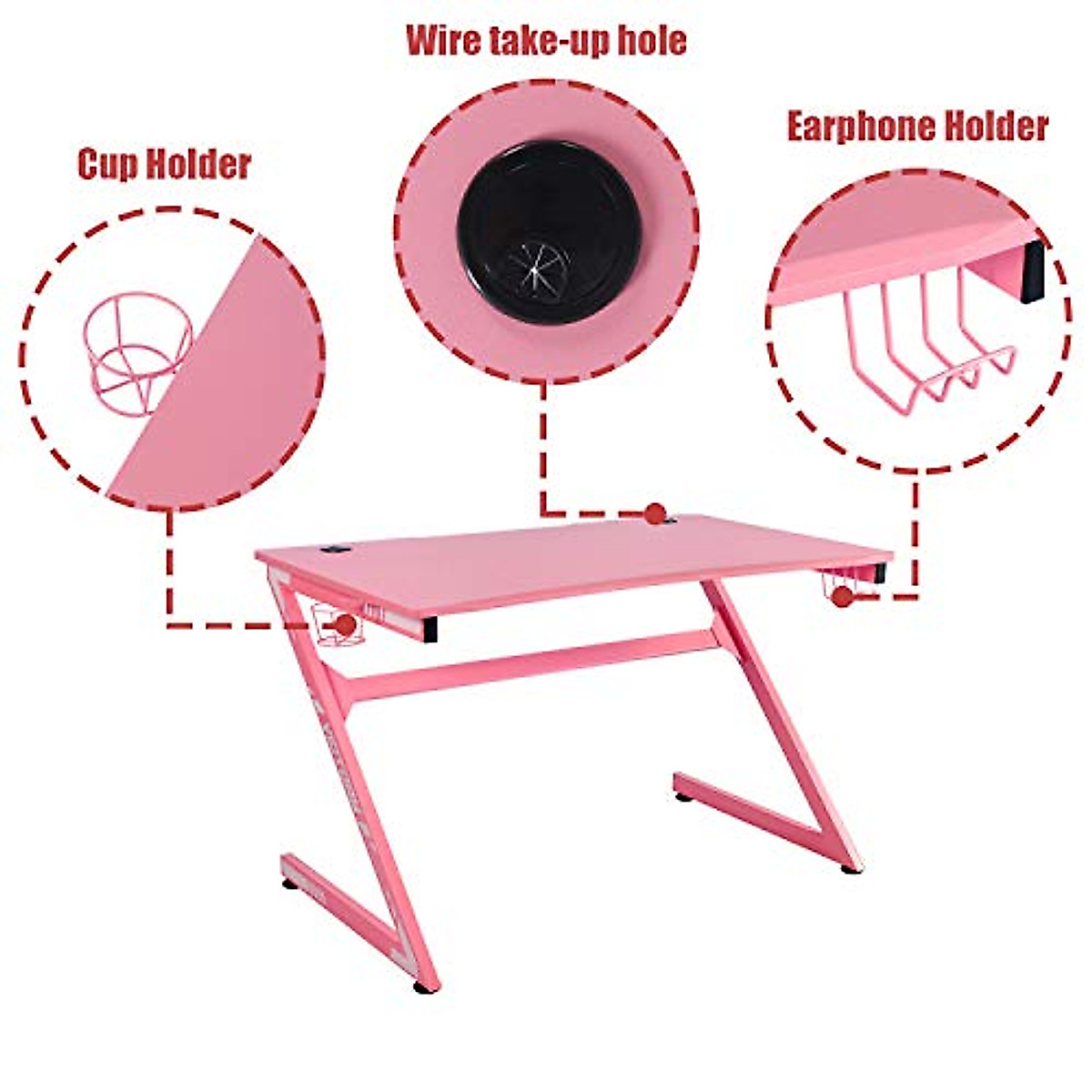 YIGOBUY Pink Gaming Computer Desk 43 Inch Barbie Gaming Table Z Shape Black Racing Table Student Desk with& Headphone Hook for Kids Adults Home Office Bedroom Computer Workstation