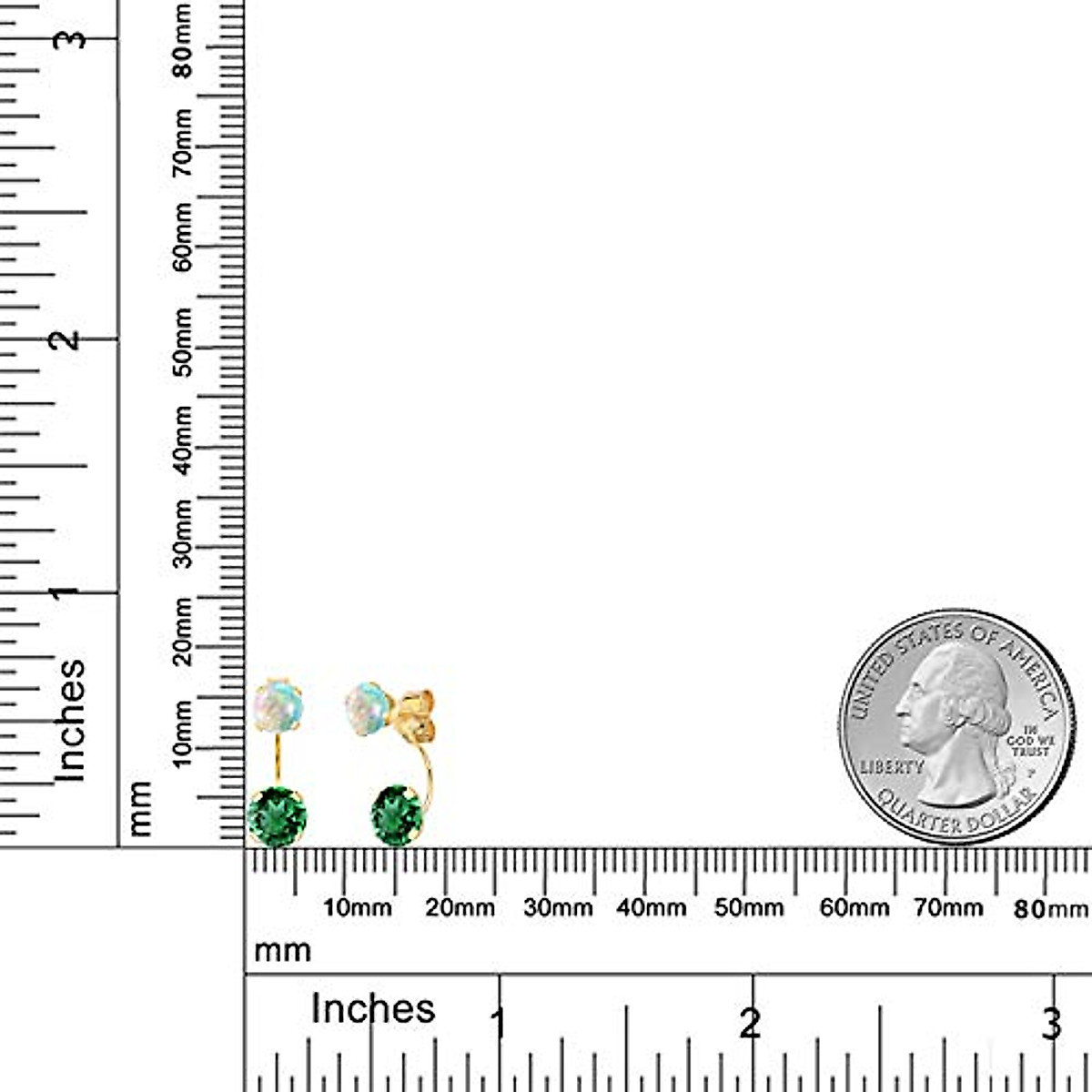 Gem Stone King 14K Yellow Gold Green Nano Emerald and White Opal Dual Drop 2 Stone Round Earrings for Women (2.54 Cttw, Gemstone Birthstone, Round 6MM and 5MM)