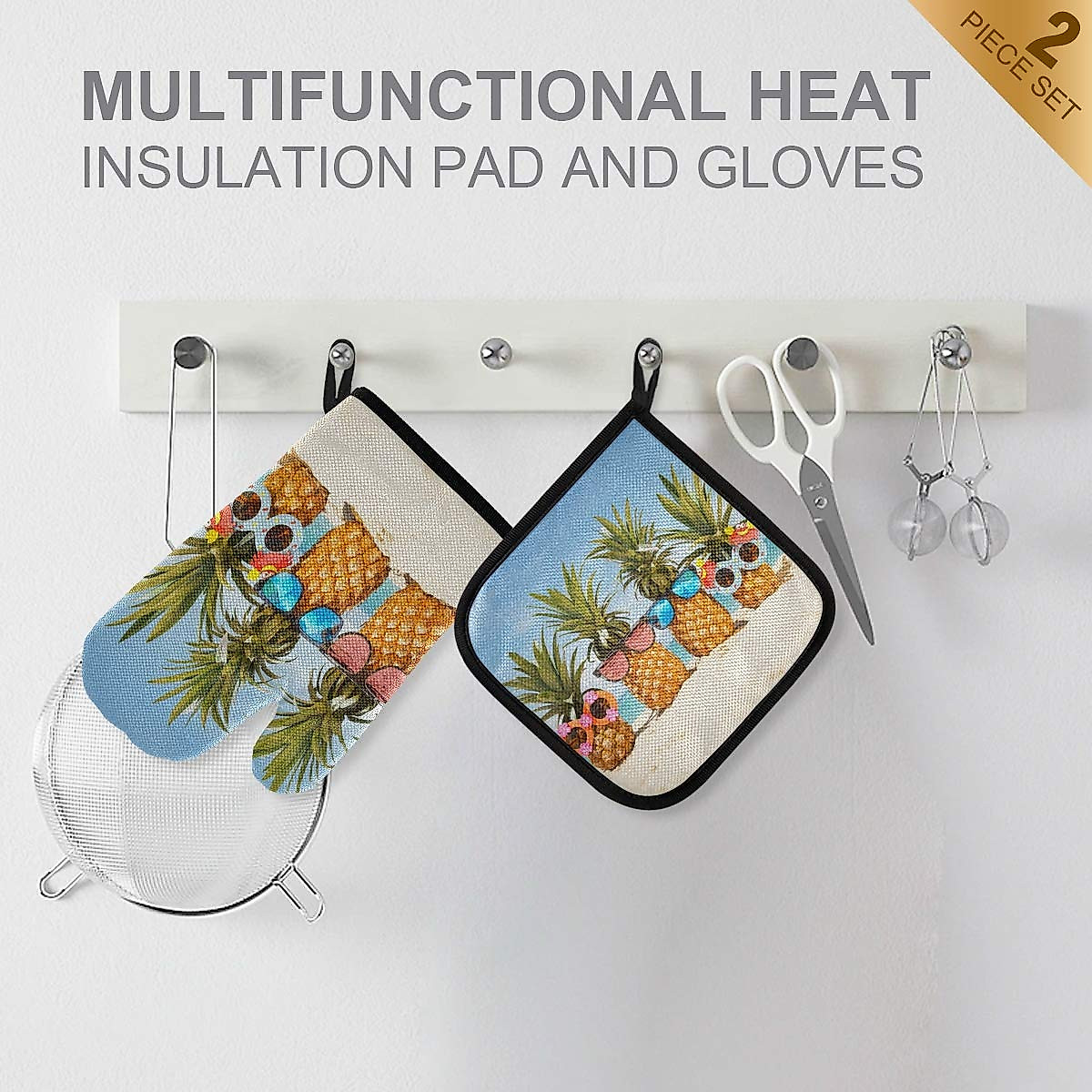Oven Mitts Pot Holders Sets - Pineapples Stylish Sunglasses Hot Gloves Hot Pads Non-Slip Potholders for Kitchen BBQ Baking