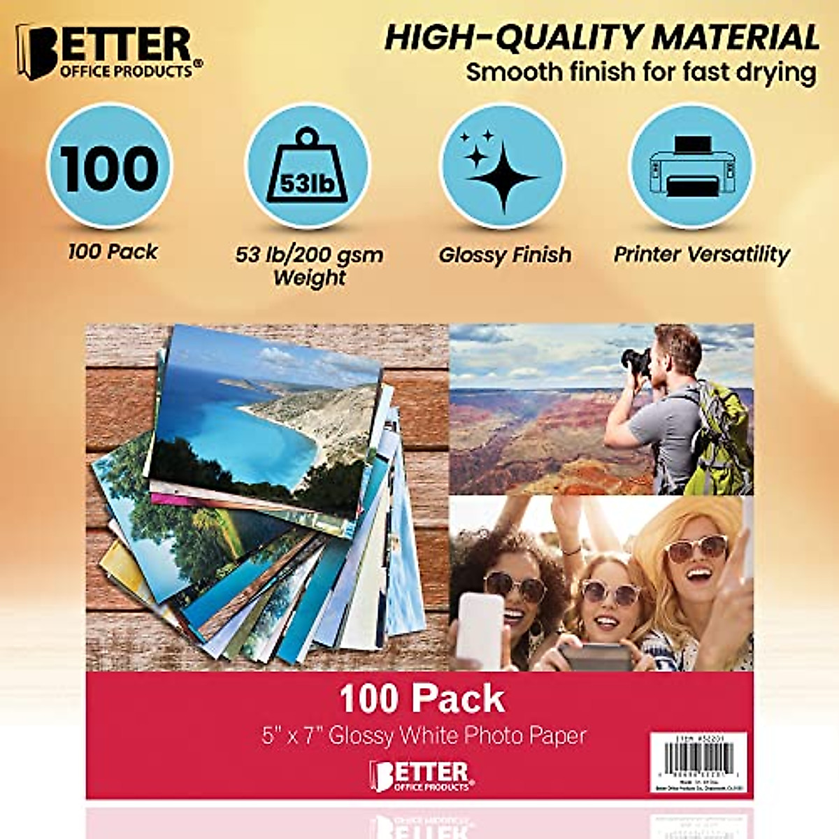Premium Glossy Photo Paper, 5 x 7 inch, 100 Sheets, 200gsm, by Better Office Products, 5 x 7, 100-Count Pack