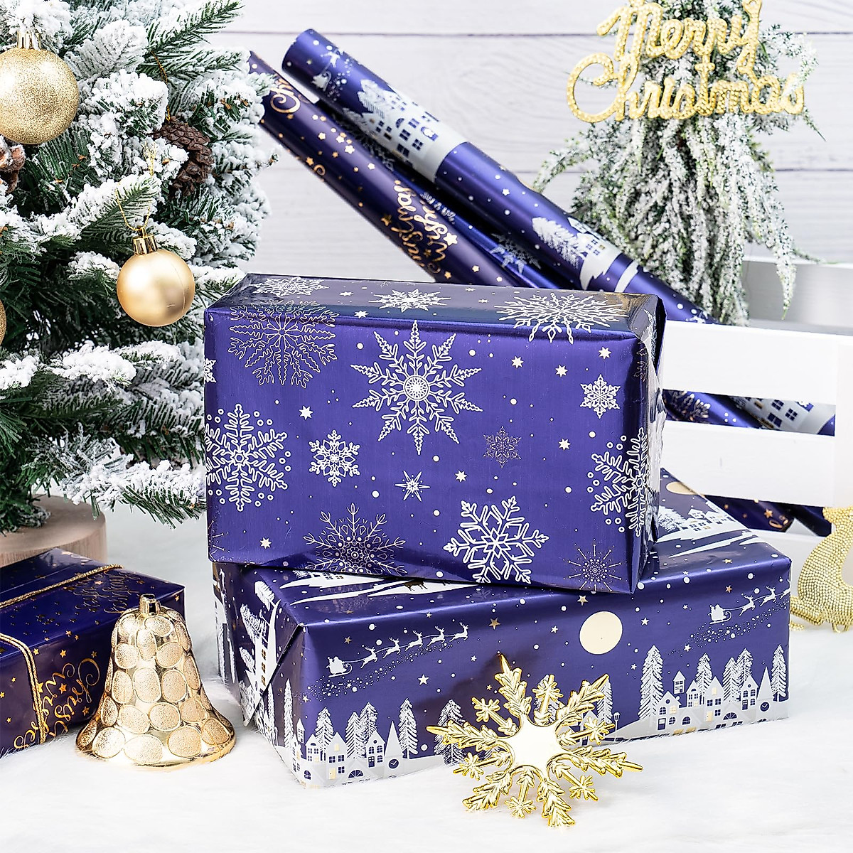 WRAPAHOLIC Christmas Wrapping Paper Roll - Mini Roll - 3 Rolls - 17 Inch x 120 Inch Per Roll - Dark Blue House, Reindeer, Snowflake Holiday Collection with Metallic Foil Shine