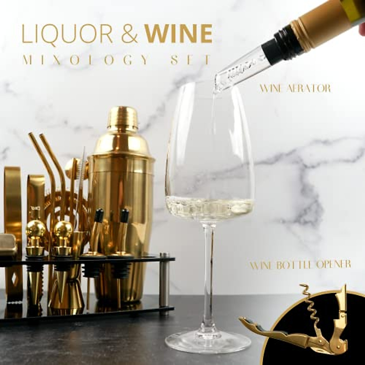 Mixology Bartender Kit – 24 Piece Gold Cocktail Shaker Set w/Stand – Essential Home Bar Accessories Martini Shaker, Jigger, Muddler, Chilling Cubes & More