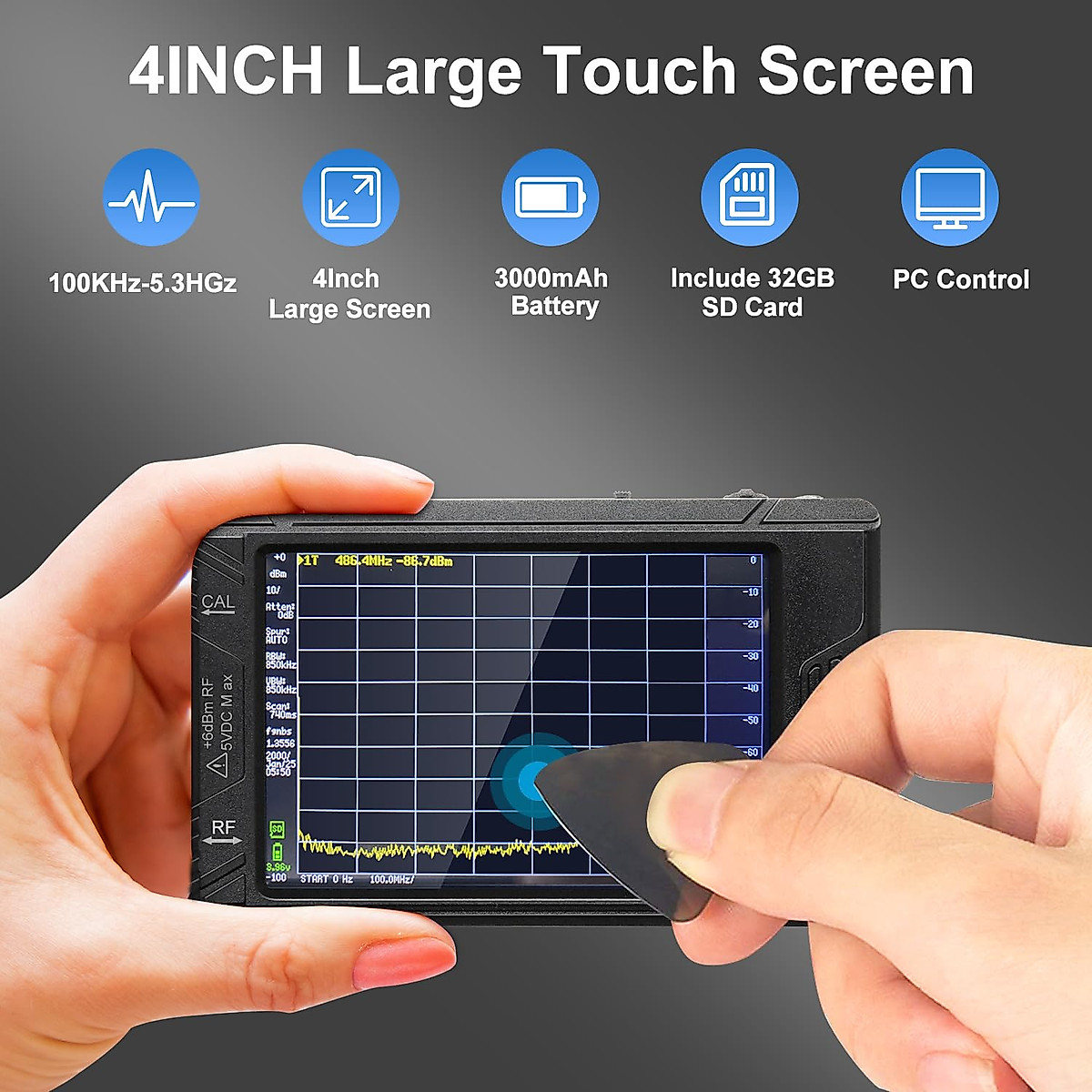 4Inch TinySA Ultra Spectrum Analyzer 100kHz-5.3GHz,V0.4.5.1 Portable Tiny Frequency Analyzer with 32GB SD Card & 3000mAh Battery, 2-in-1 RF Signal Generator RBW LNA DANL Phase Noise