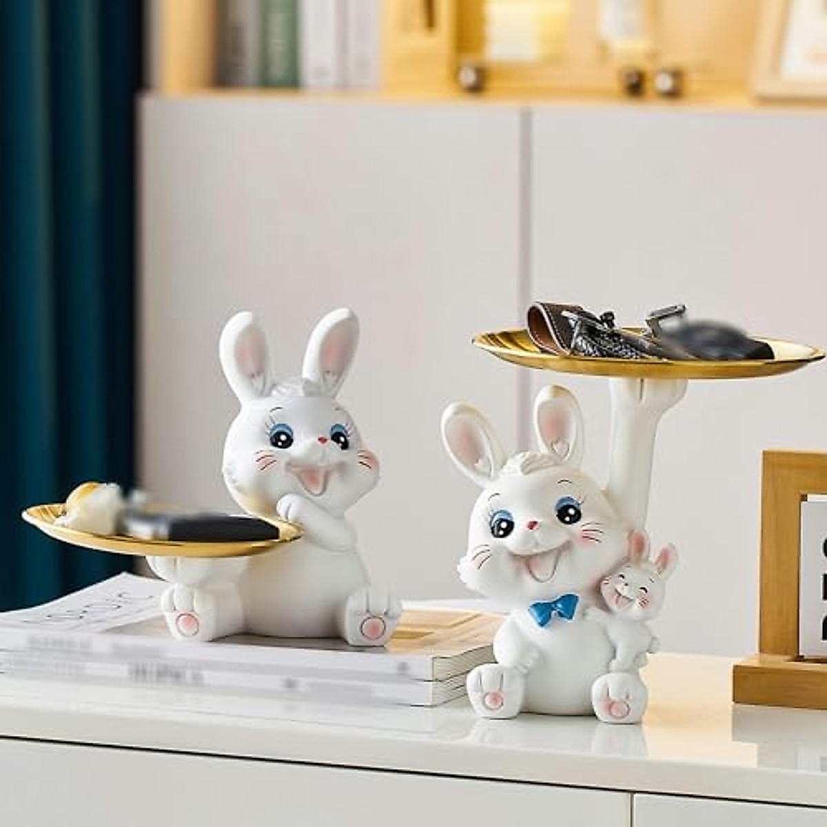 XINGYUANHE Lovely Rabbit Tray Sculpture Home Living Room Decor Statue Room Decor Easter Decoration Resin Ornaments Gifts