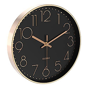 SUOHUI 12 Inch Silent Wall Clock Non-Ticking Modern Style Wall Clocks Battery Operated for Home/Bedroom/Office/Classroom/School/Living Room Decor(Golden Frame Black Dial)