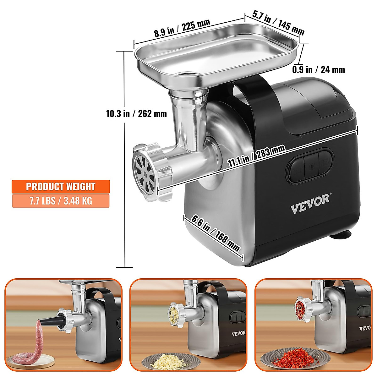 VEVOR Electric Meat Grinder, 6.6 Lb/Min, 550W Industrial Meat Mincer with 2 Blade, 3 Grinding Plates, Sausage Maker & Kubbe Kit ABS + Stainless Steel Commercial Meat Grinder, ETL Listed