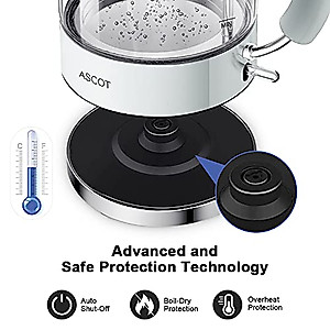 ASCOT Electric Kettle, Glass Electric Tea Kettle Gifts for Men/Women/Family 1.6L 1500W Borosilicate Glass Tea Heater, with Auto Shut-Off and Boil-Dry Protection (Polar White)