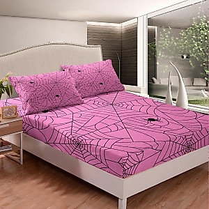 Pink Halloween Sheets Set Full Size Spider Web Bed Sheet Set for Boys Girls Children Spider Animal Bedding Set Pink Black Halloween Night Room Decor Bed Sheets with Deep Pocket Fitted Sheet 4Pcs