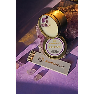 Aluminate Life Luxury Candle Tin, 4 OZ, Release - Amethyst Crystal Infused - Scents of Lavender, Bergamot, & Frankincense - Relieve, Support, & Transform - Coconut Wax, Essential Oils, Dr. Developed