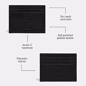 Coach Flat Card Case in Pebble Leather W/Sculpted C Hardware Branding, Black, One Size