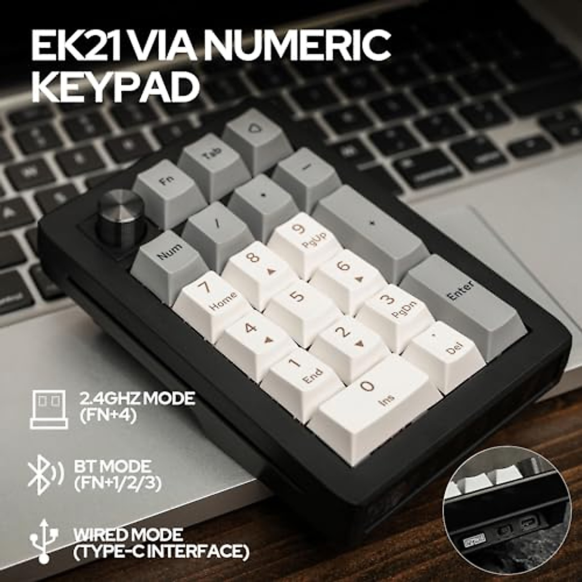 EPOMAKER EK21 VIA Gasket Number Pad, Bluetooth 5.0/2.4ghz/Wired Hot Swappable Numpad, with Poron Foam, Aluminum Alloy Knob, 1000mAh Battery, Programmable for Win/Mac/Gaming (Gateron Pro Yellow)