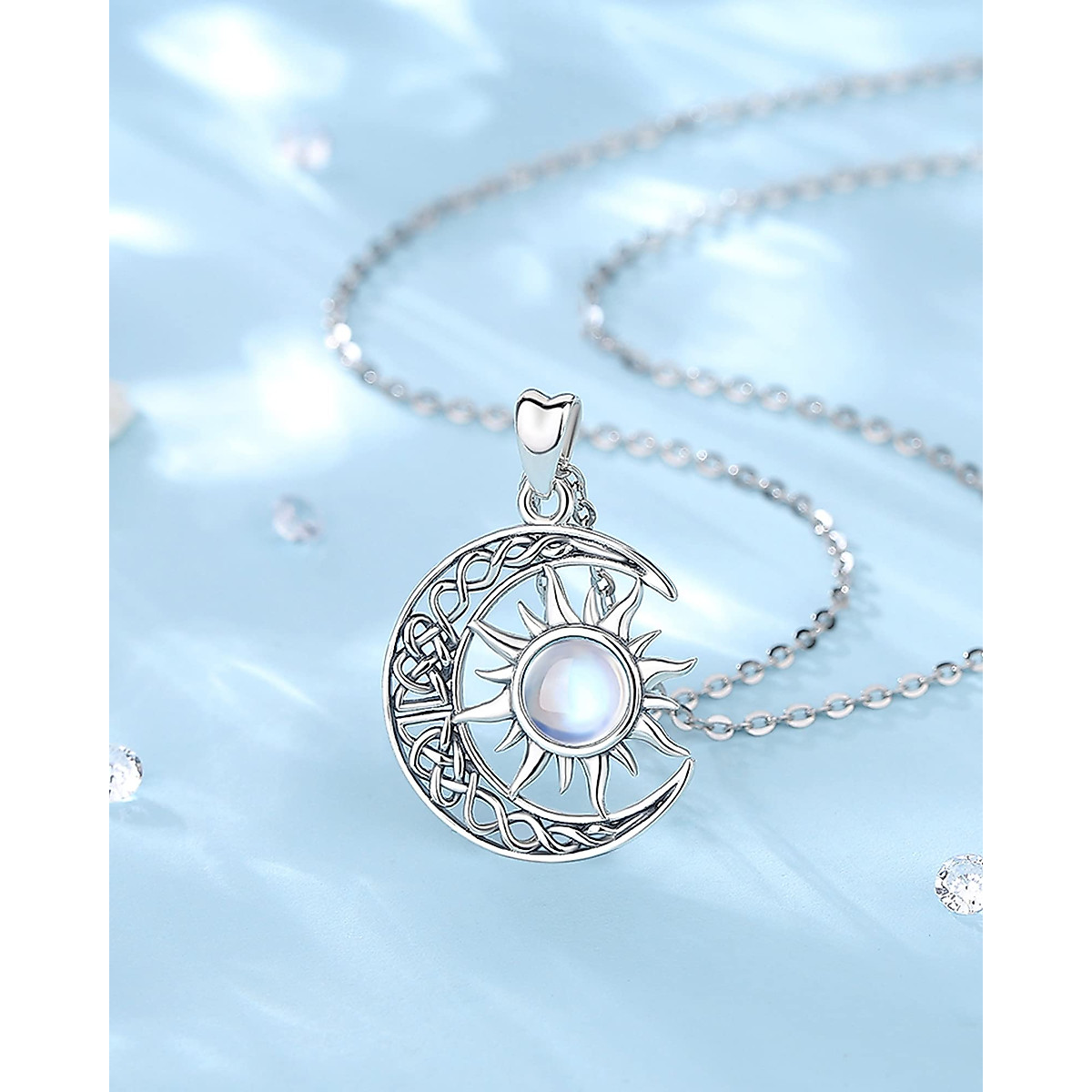 CELESTIA Moon Necklaces for Women Sterling Silver Sun and Moon Pendant Moonstone Jewelry Crescent Moon Gifts for Mother Daughter Sister Wife - 18 Inch Chain
