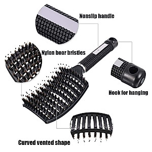 Boar Bristle Detangler Vent Brush Curved Vented Paddle Brush for Blow Drying, Anti-frizz Detangling Brush Styling Hairbrush Comb for Curly Fine Wavy Natural Tangled Hair, Wet or Dry Use