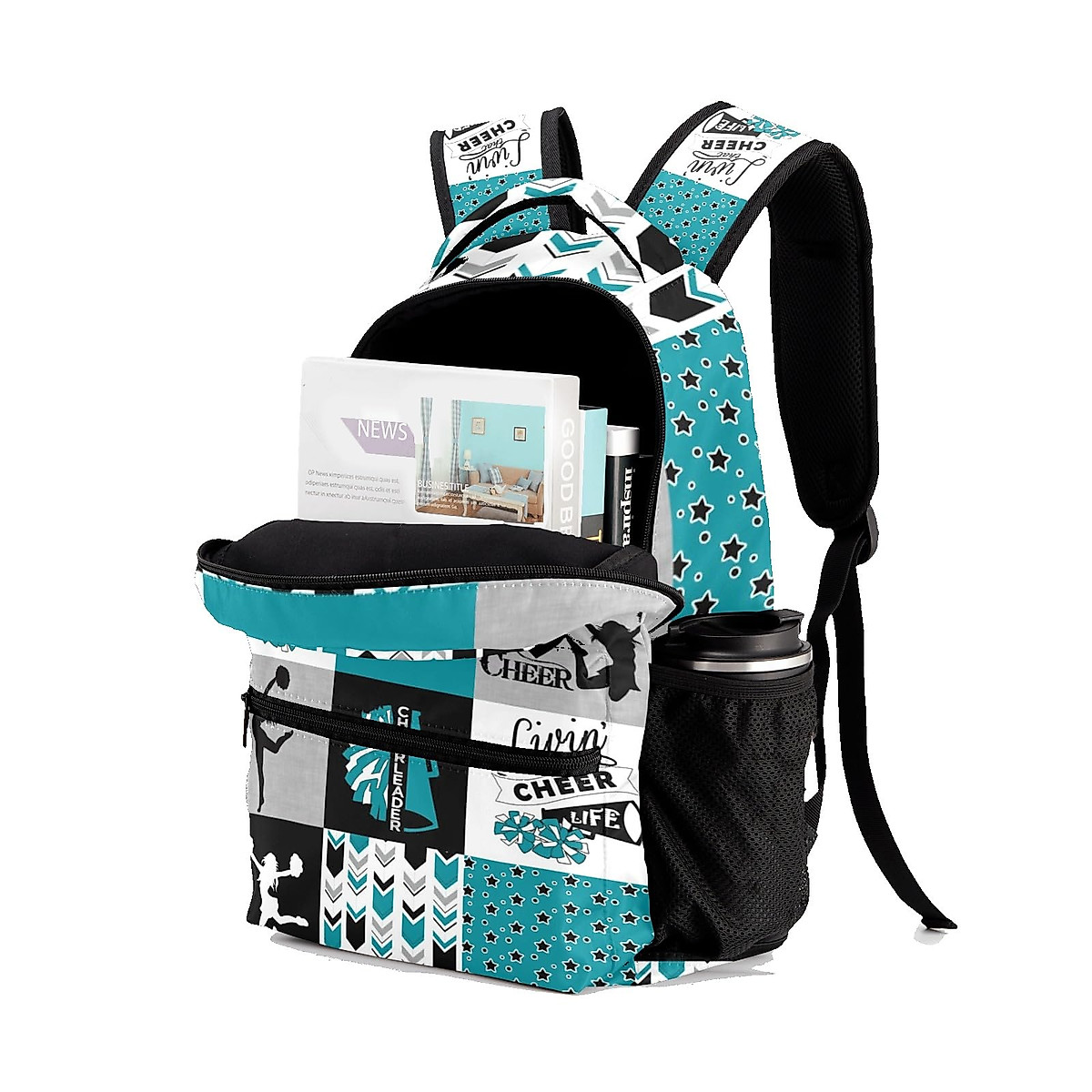 Urcustom Custom Kid Backpack, Teal I Love Cheer Cheerleader Personalized School Bookbag with Your Own Name, Customization Casual Bookbags for Student Girls Boys