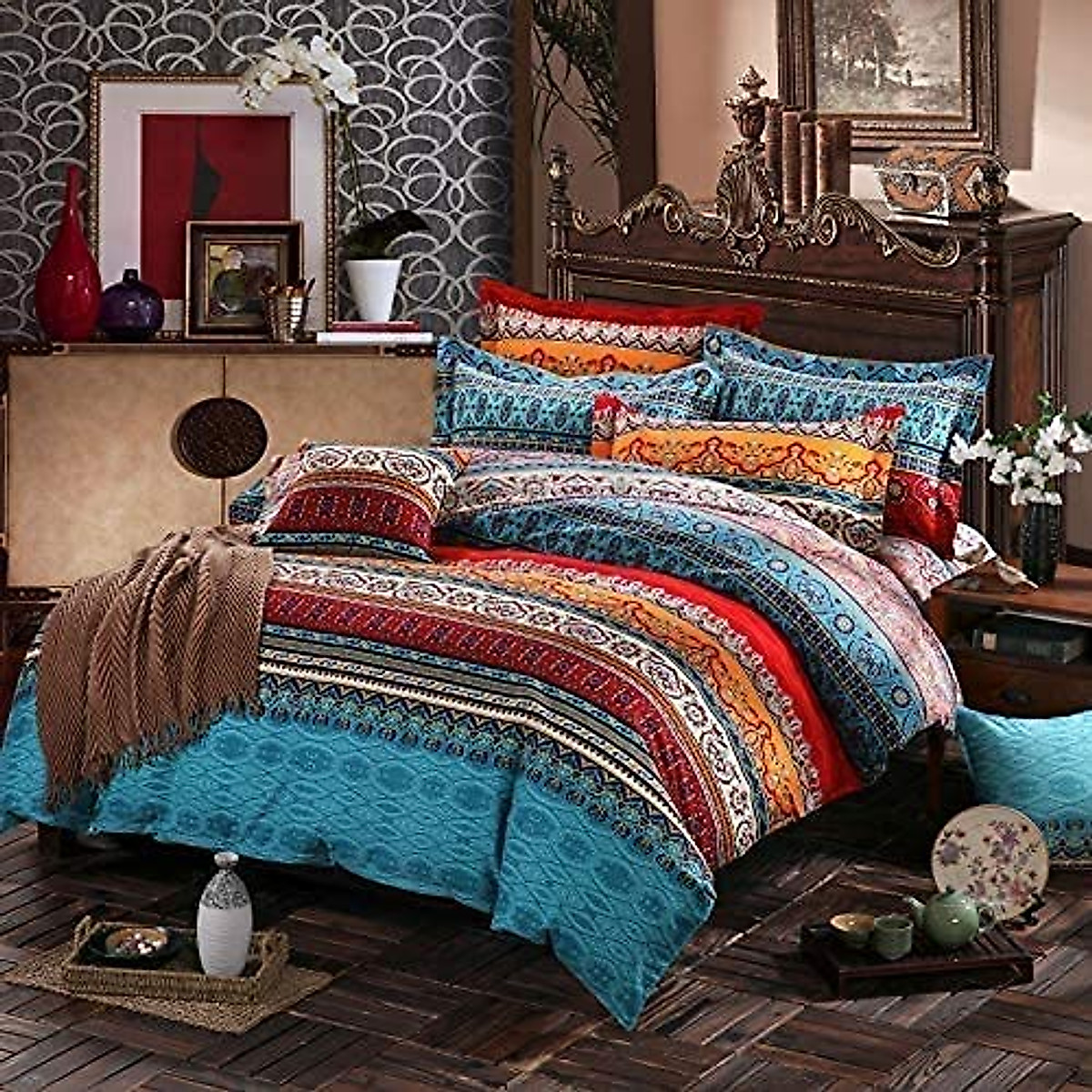 FADFAY Boho Duvet Cover Set 100% Brushed Cotton Colorful Stripe Exotic Style Bohemian Bedding Set Soft and Warm Bedding with Hidden Zipper Closure, 3 Pieces King/California King