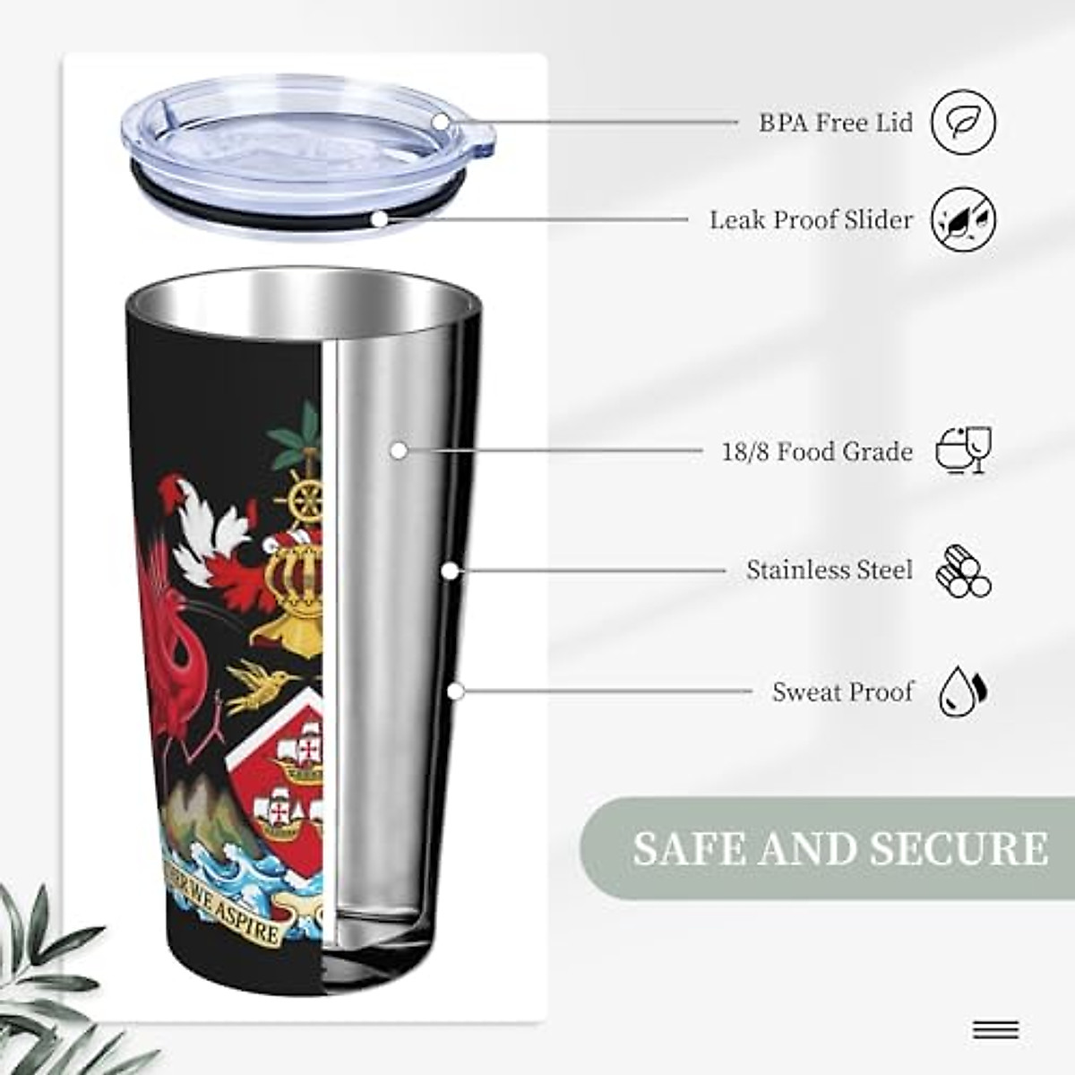 VKKOEWL Trinidad and Tobago Coat of arms Stainless Steel Insulated Tumbler 20 Oz Travel Water Bottle Coffee Mug Drink Cup With Lid Straw