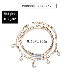 Jeweky Boho Three Layered Beaded Ankle Bracelets Gold Moon Summer Beach Anklet Chain for Women