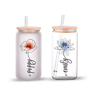 Grifil Zero Birth Month Flower Glass Tumbler, Frosted Glass Tumbler, Bamboo Lid Coffee Cup, Horoscope Birth Month Floral Design, Birthday Flower
