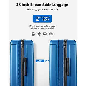SunnyTour Hardside Luggage Sets with Tag, Luggage 3 Piece Set with Double Spinner Wheels, 28" Expandable Checked Luggage, Blue