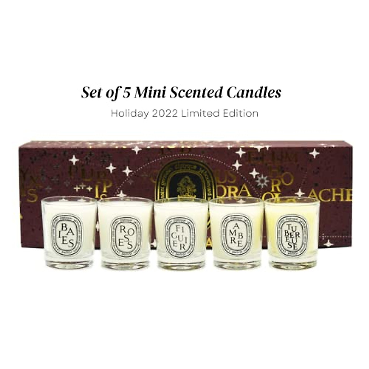 Diptyque Set of 5 35g Small Scented Candles Limited Edition Holiday Gift Set:: Baies / Berries, Roses, Figuier / Fig Tree, Ambre / Amber and Tubéreuse / Tuberose