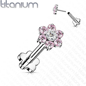 Covet Jewelry Titanium Threadless Push in Flower Base Labret With CZ Flower Top (Pink)