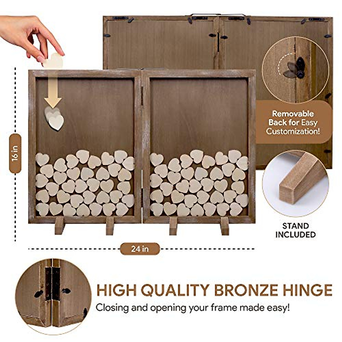 GLM Wedding Guest Book Alternative with Sign, 160 Hearts and 4 Large Hearts, Guest Book Wedding Reception, Rustic Wedding Decorations for Reception, Wedding Decor (Brown)