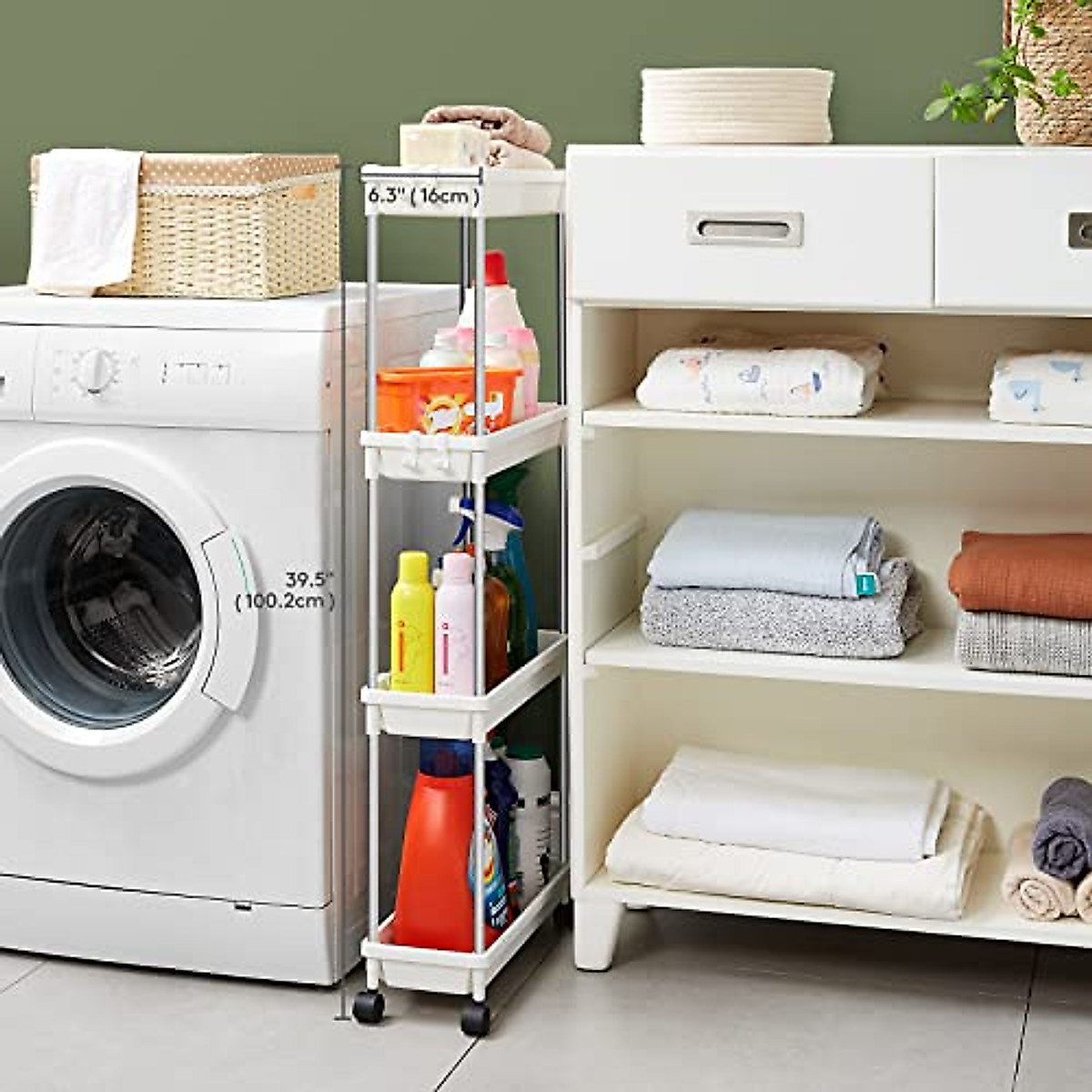 Lifewit Slim Storage Cart, Laundry Room Organization, Wide 6.3'', 4 Tier Shelf Organizer Rack Unit with Wheels for Bathroom Kitchen Small Dorm Narrow Space, White