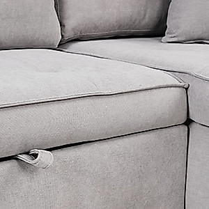 FANYE 2024 Linen Upholstery Pull Out Sleeper Sectional Sofa & Couch W/Stools and Shelves, L-Shaped Corner Upholstered Sofa Couch with 2 Pillows and Reversible Storage Chaise for Living Room