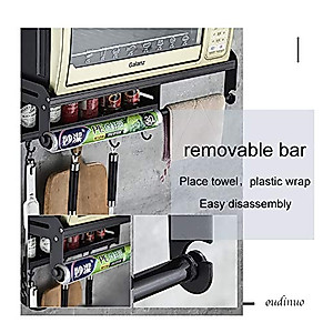 OUDINUO Merry Christmas Black Multifunctional Double Bracket Aluminum Microwave Oven Wall Mount Shelf with 10 Removable Hooks and Fresh Wrapper Rolls Holder
