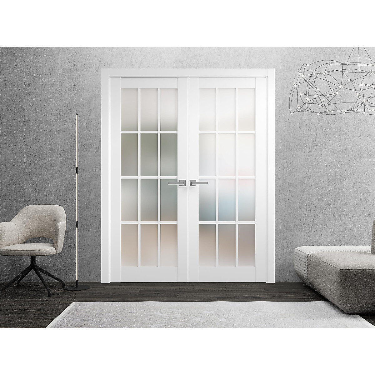 SARTODOORS Solid French Double Doors 72 x 80 inches Frosted Glass 12 Lites | Felicia 3312 Matte White | Single Regural Panel Frame Trims | Bathroom Bedroom Sturdy Doors